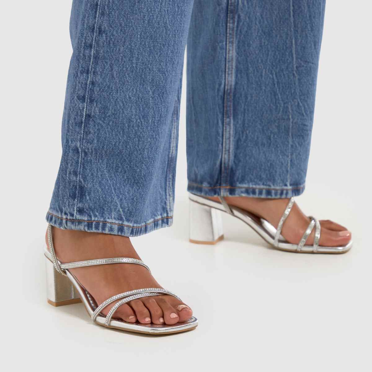 Womens Silver schuh Sully Embellished Block High Heels | schuh