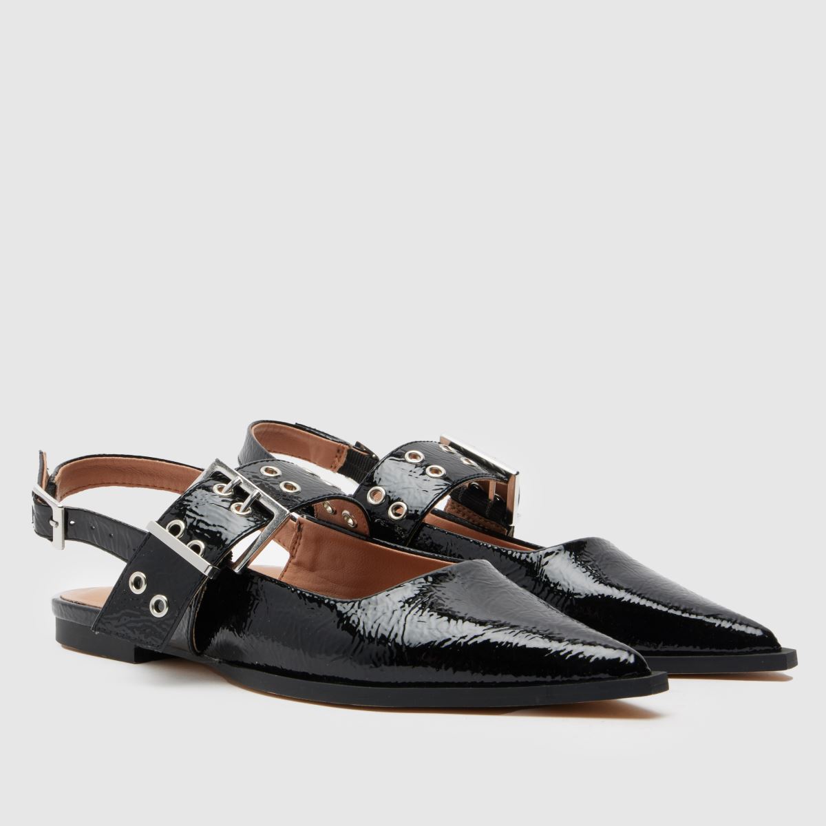 Womens Black schuh Lorella Point Hardware Flat Shoes | schuh