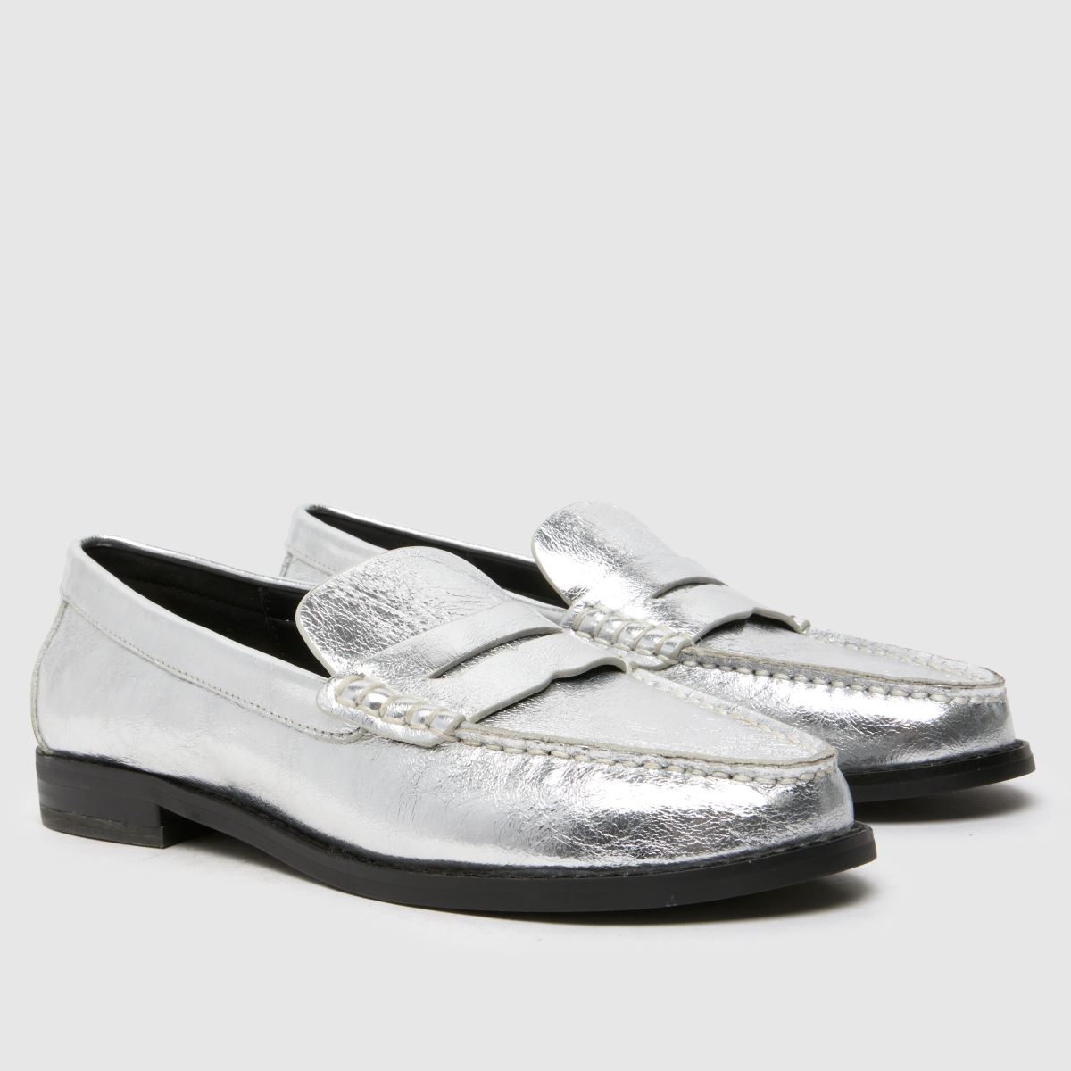 Womens Silver schuh Lillian Leather Penny Loafer Flat Shoes | schuh