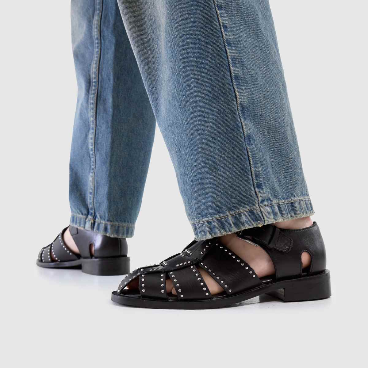 Womens Black schuh Leonie Leather Stud T-Bar Flat Shoes | schuh