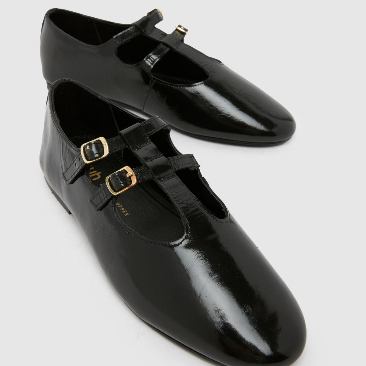 Womens Black schuh Lamp Leather T-Bar Ballerina Flat Shoes | schuh