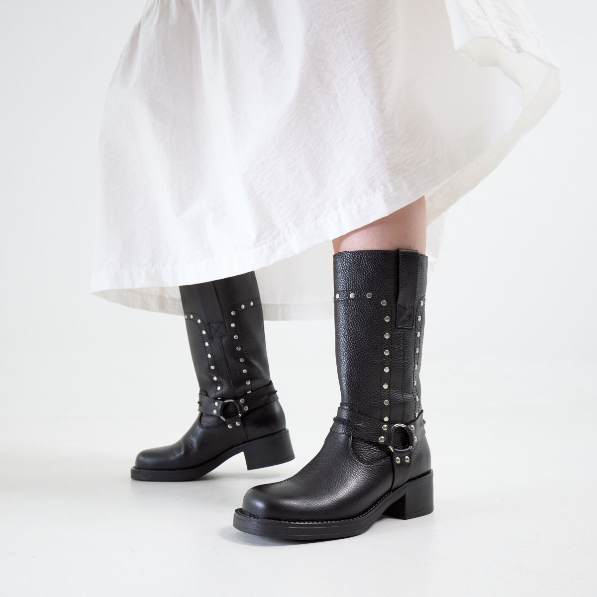 Womens Black schuh Atlas Leather Stud Biker Boots | schuh