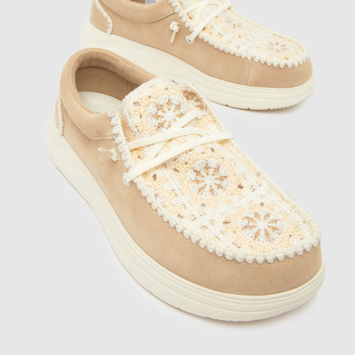 Womens White & Beige HEYDUDE Wendy Comf Suede Crochet Trainers | schuh
